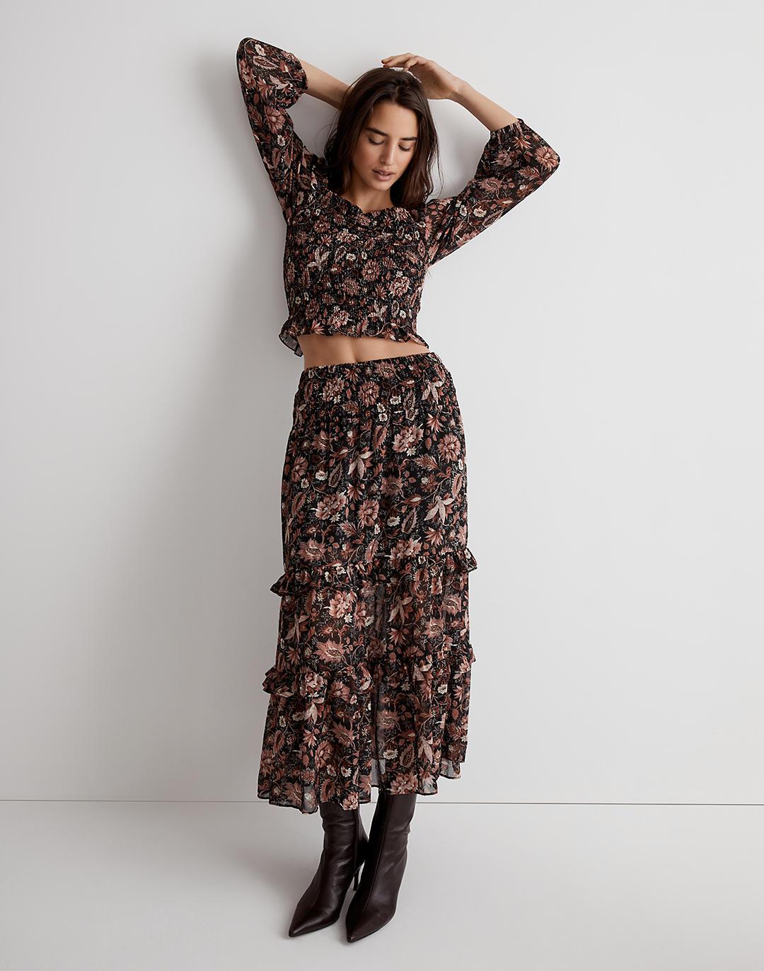 Mid Waist Solid Ruffle Midi Skirt